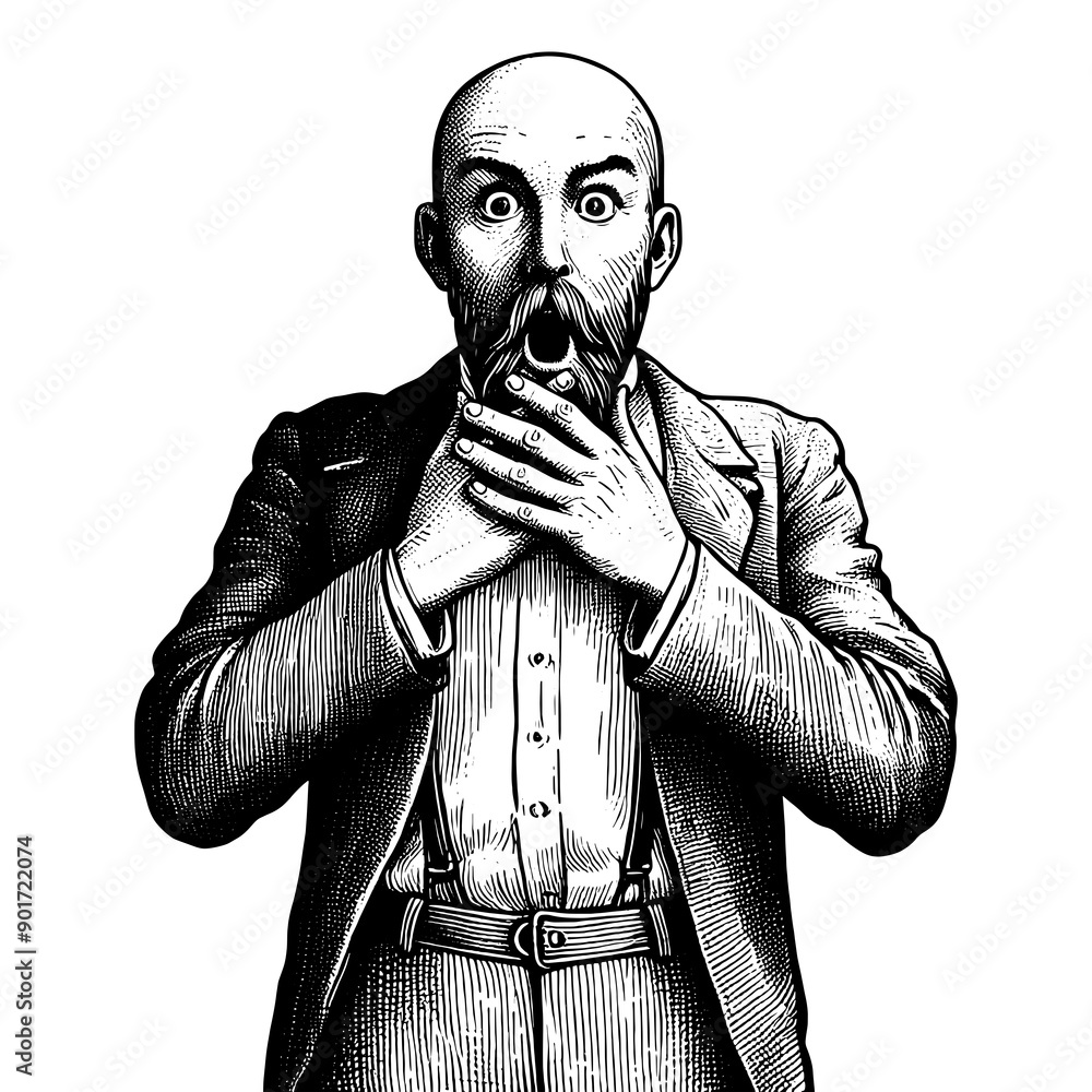 bald man businessman, surprise with wide eyes and hands to his mouth ...