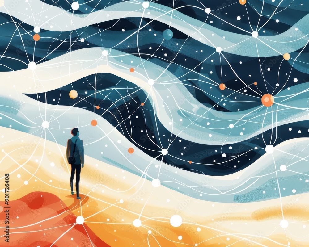 An illustration of a person navigating through interconnected nodes and ...