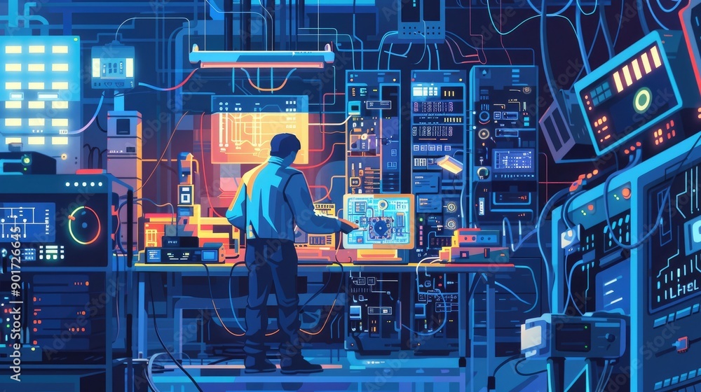 Tech lab scene with an electrical engineer testing circuit boards ...