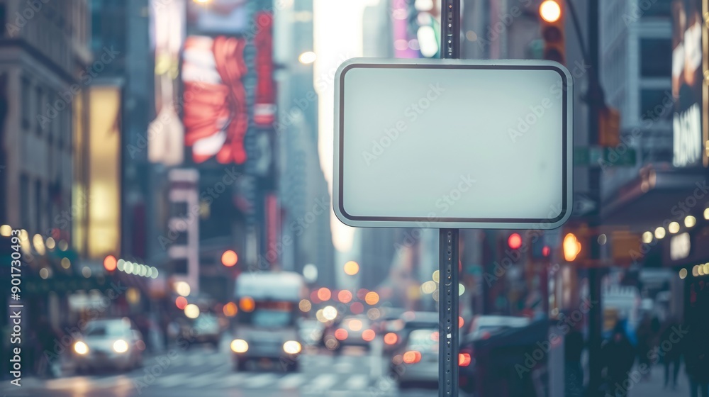 Urban blank sign. Empty sign with a big city street view in the ...