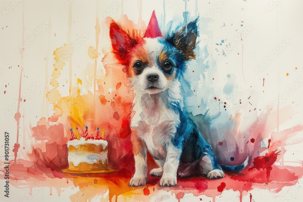 Playful watercolor painting of a dog with a birthday hat sitting next ...