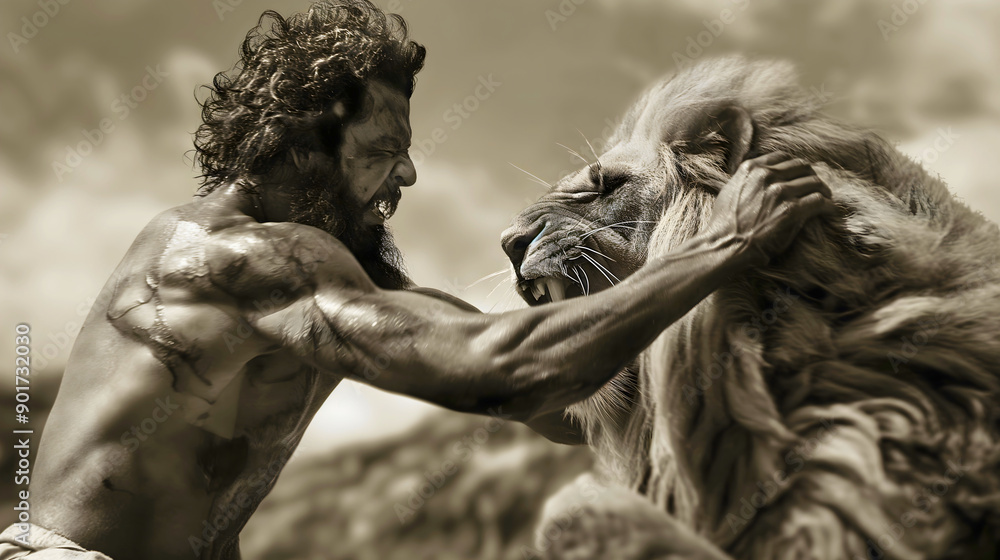 Samson battling a ferocious lion and killing it with his immense ...