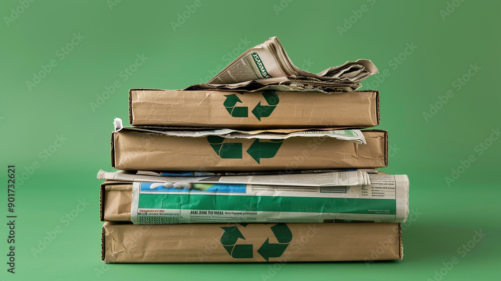 Old, randomly folded paper, as waste paper with recycle tag emblem sign ...