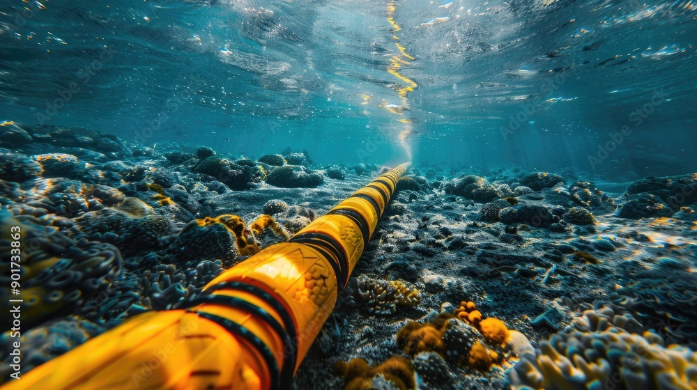 Vividly colored yellow and orange undersea cables traversing the ocean ...