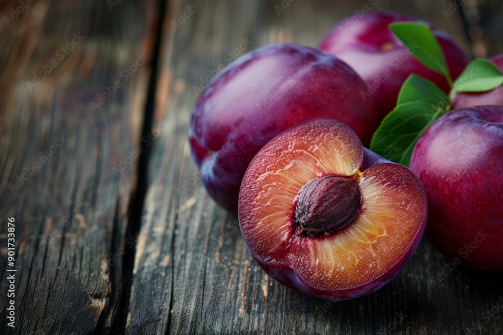 Fresh plums, with one cut in half revealing the seed, displayed on a ...