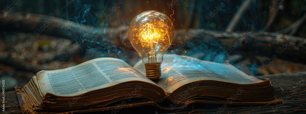 Glowing light bulb above an open book with magical sparks in an outdoor forest setting. Concepts ...