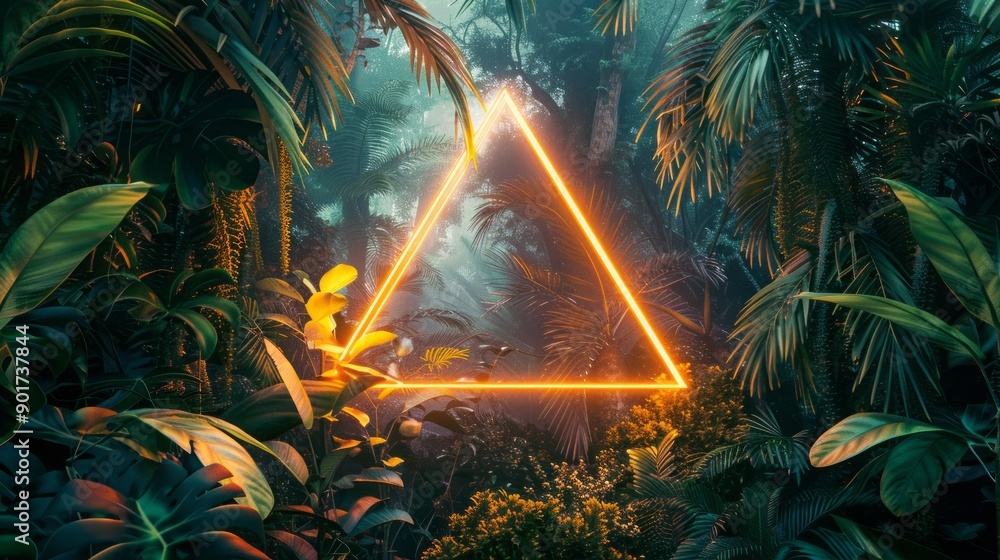 Neon triangle in tropical jungle. A radiant triangle illuminates the ...