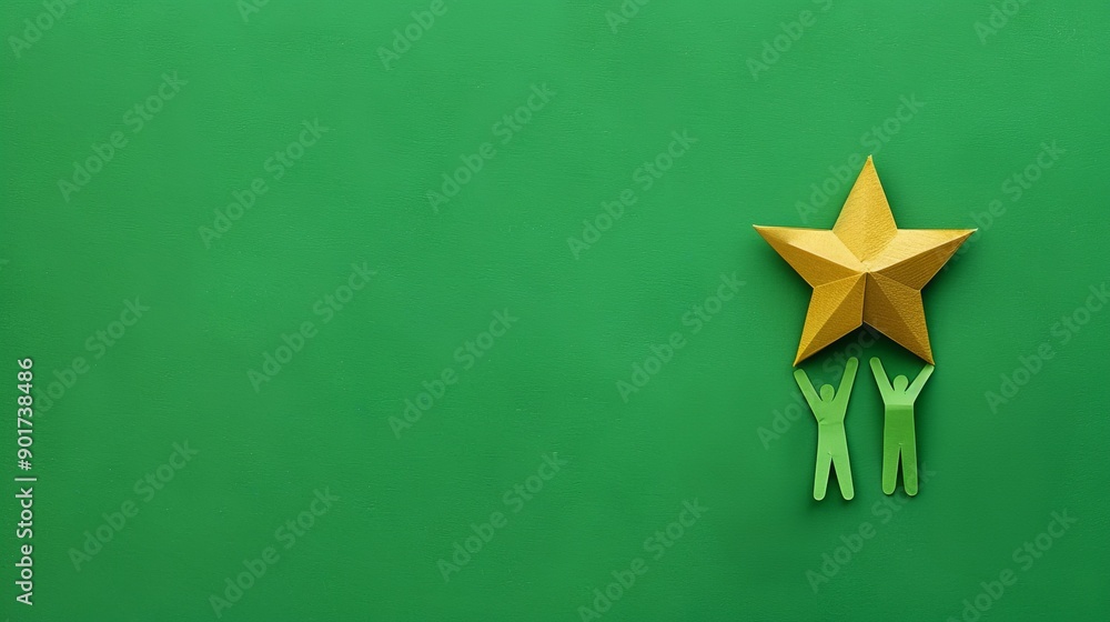 Teamwork reaching for gold star on green. Tiny paper people collaborate ...