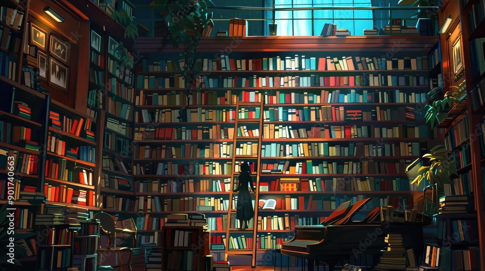 Illustrations of a Person Climbing a Ladder in a Cozy Library. Book ...