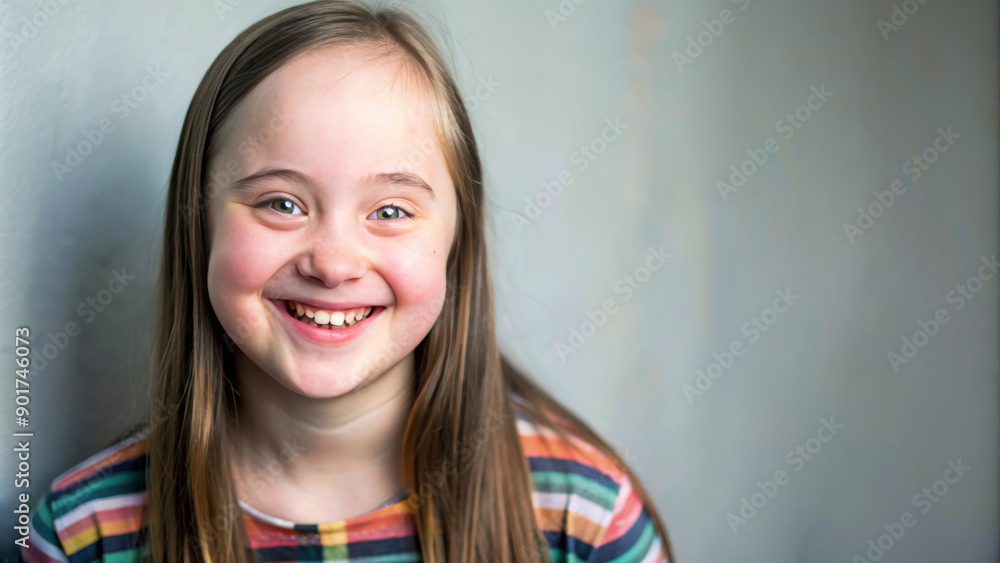 Pretty young woman with special needs on grey studio background with ...