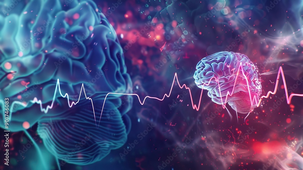 background is a detailed illustration of the human brain, highlighting ...