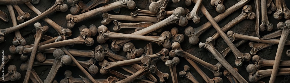 Bones piled in a dark, haunted room, emitting an air of horror and ...