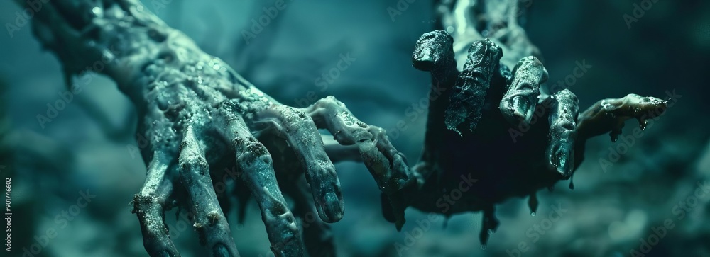Bony hands reaching from the darkness, embodying a sense of creepy ...
