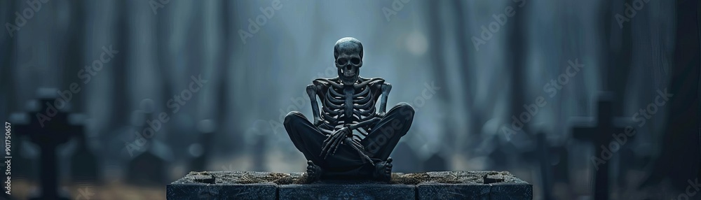 Haunting skeleton in a misty graveyard, fear etched in every bone ...