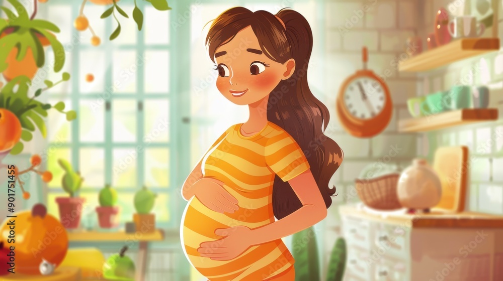 Cute cartoon illustration of a pregnant woman, focusing on health and ...