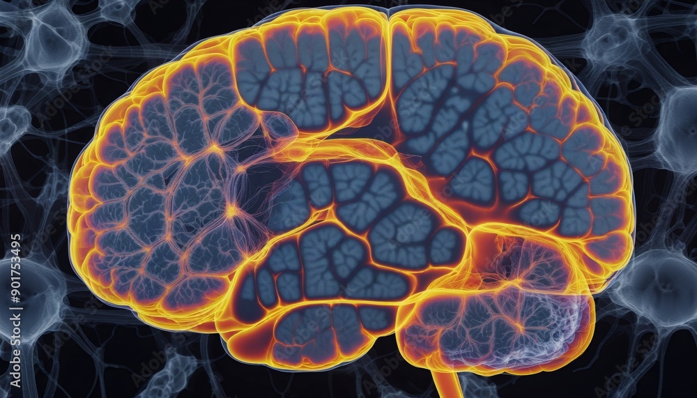 extremely detailed x-ray of a brain, intricate patterns of neural ...