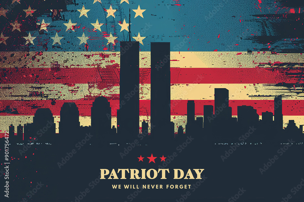 Grunge American flag with twin towers silhouette for Patriot Day Stock ...