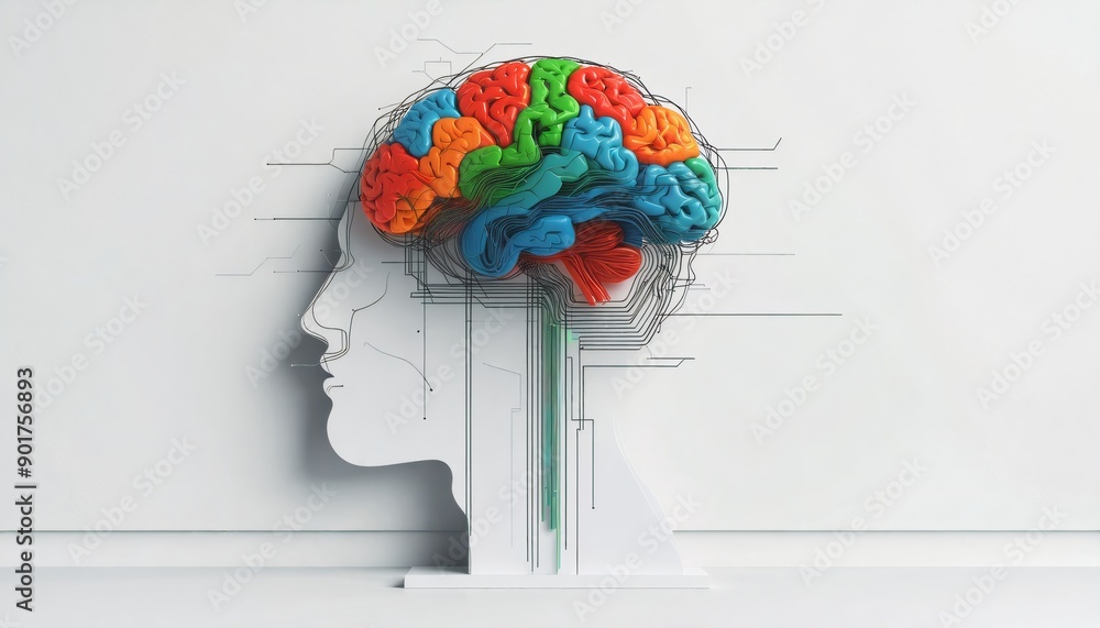 minimalistic vector illustration featuring a head shape and brain ...