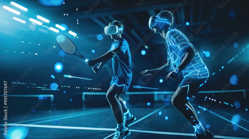 Badminton players with augmented reality visors virtual targets Stock ...