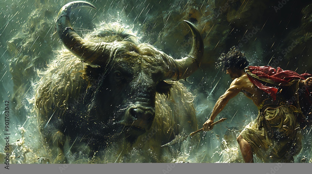 Dramatic scene of the mythological battle between the Greek hero ...