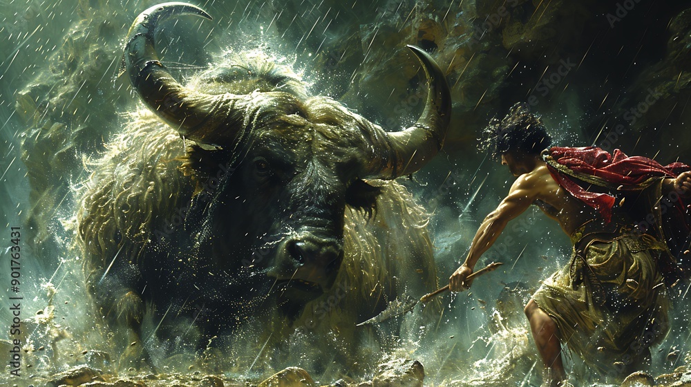 Dramatic scene of the mythological battle between the Greek hero ...