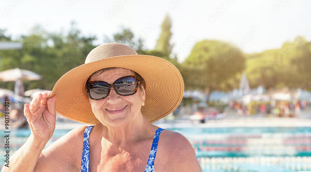 Senior (elderly) woman (over age of 50) in swimsuit, hat and sunglasses ...