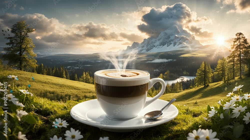 Illustration of a miniature cloud pouring coffee over a cup, whimsical ...