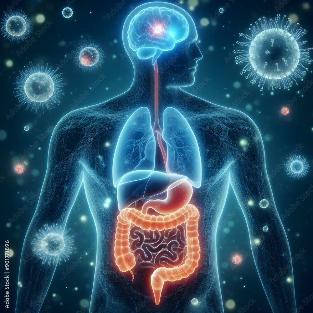 Medical silhouette of male person with glowing brain gut connection an ...