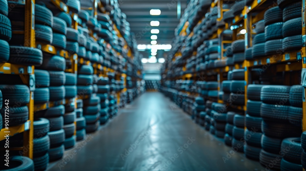 Rows of tires are stacked on industrial shelving inside a warehouse ...