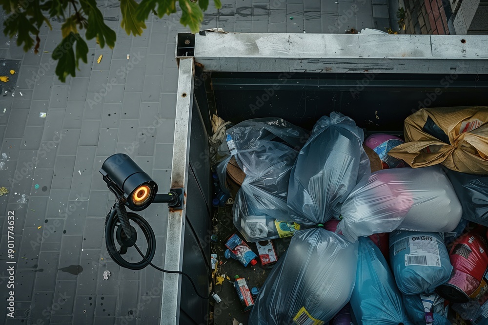 Close-up of a waste collection truck featuring CCTV camera sensor for ...