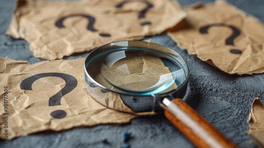 Magnifying glass is lying on top of crumpled pieces of brown paper with ...
