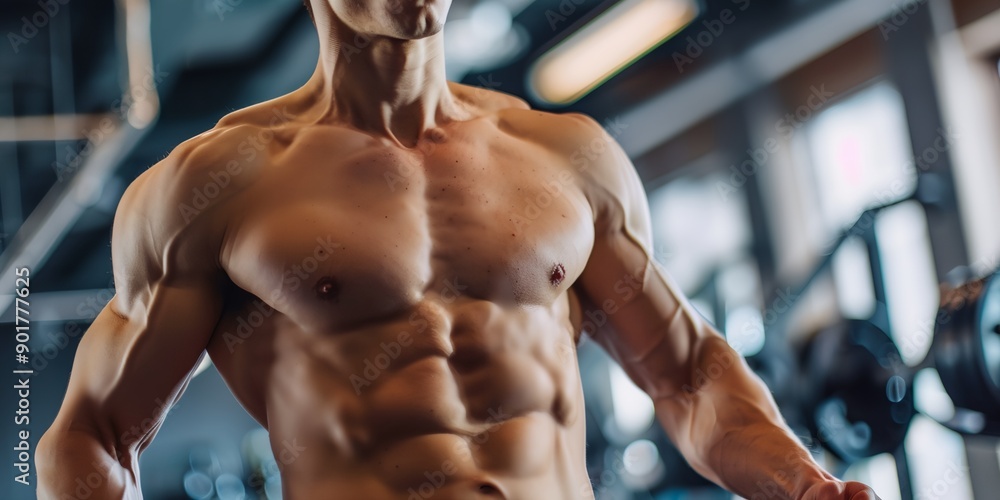 A man with a muscular chest and arms is posing for a photo. Concept of ...