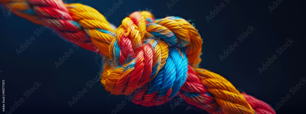 Vibrant colorful rope knot closeup on a dark background, highlighting ...