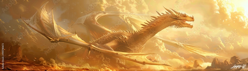 Epic golden dragon flying in a fiery landscape, exuding fierce power ...