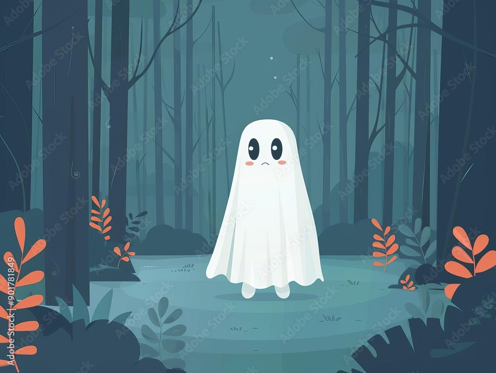 A cute cartoon ghost wandering through a mystical forest filled with ...