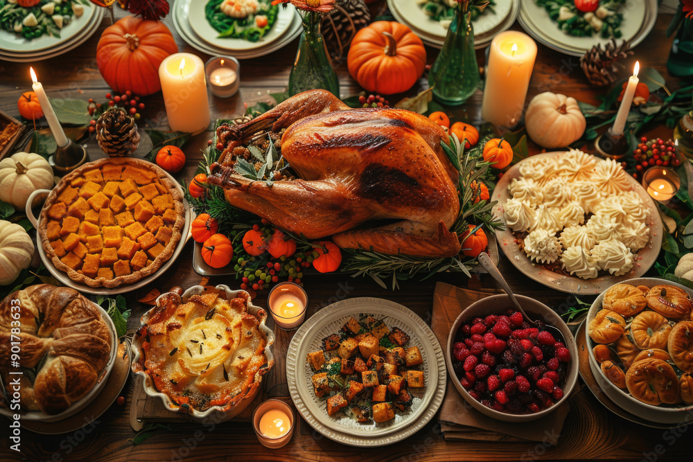 Thanksgiving turkey dinner with holiday autumn decor and candles ...