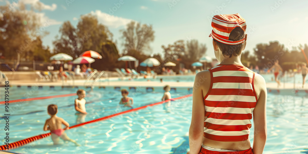 At a swimming pool, a lifeguard dressed in a red and white striped ...