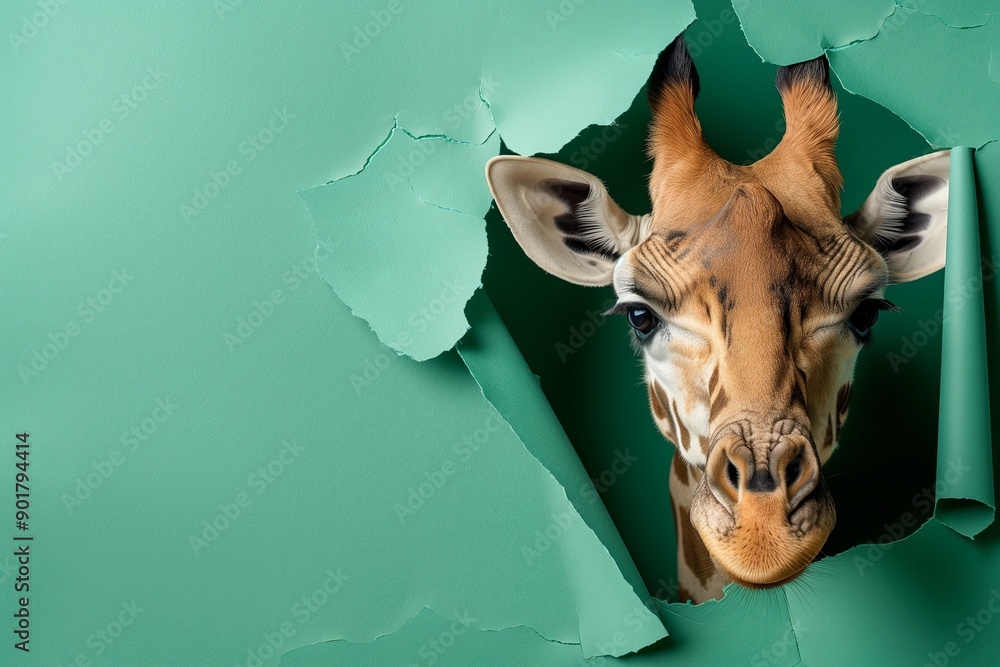 Cute giraffe, in a hole in a torn sheet, simple green background Stock ...