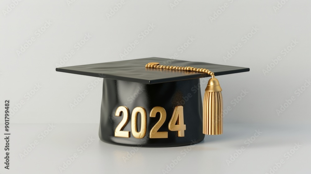 Black Graduation Cap with Gold 2024 - 3D Render, Class of 2024 ...