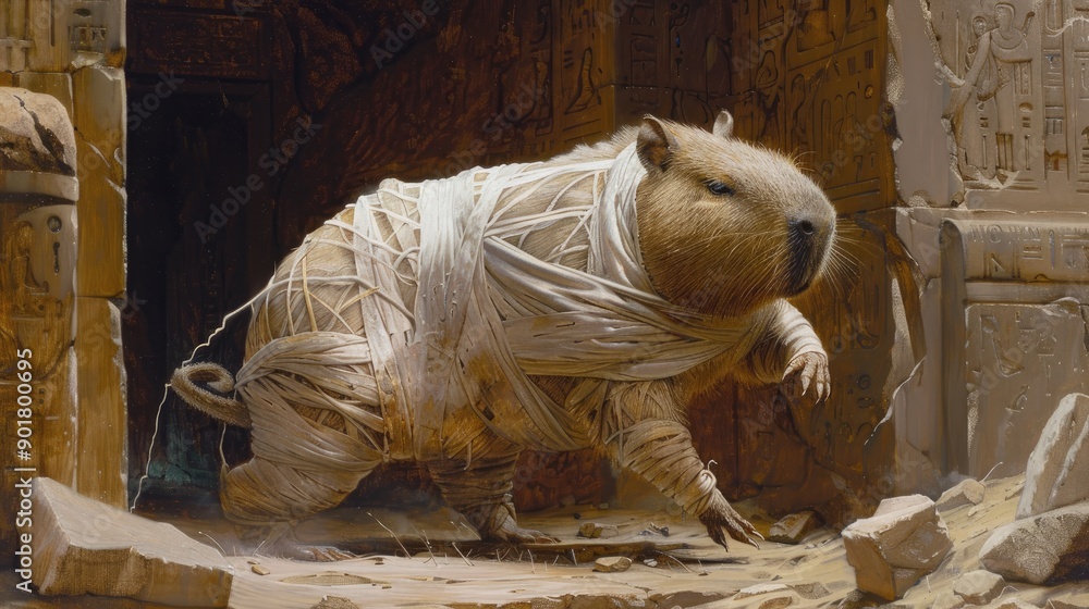 Oil painting of a capybara dressed as a mummy, wrapped in bandages ...