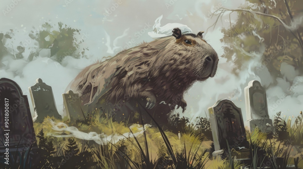 Oil painting of a capybara dressed as a ghost, floating among ...