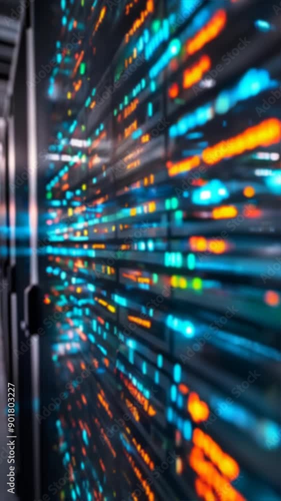 Digital code, binary streams depicting data flow in server room data ...