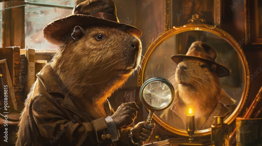 Capybara dressed as a detective, complete with hat and magnifying glass ...