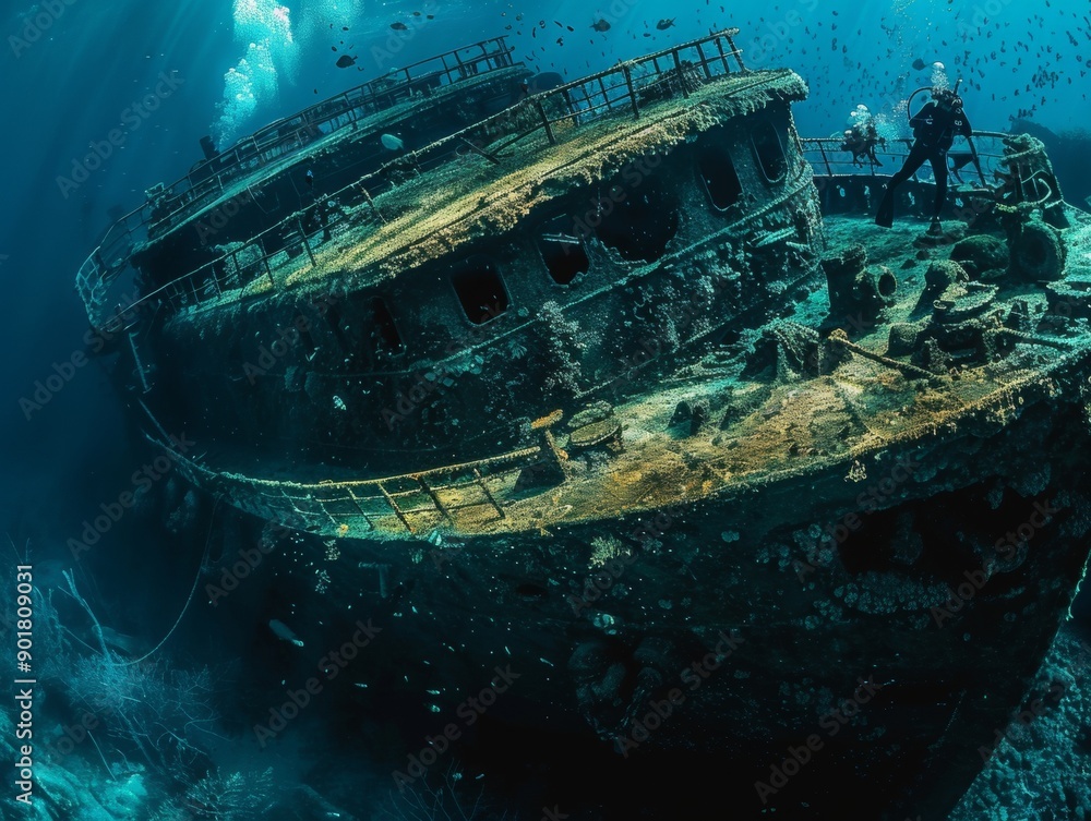 Scuba divers investigate a sunken vessel, exploring its structure and ...