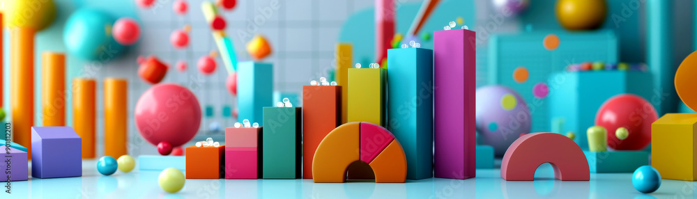 Colorful geometric shapes and vibrant bars create a lively display ...