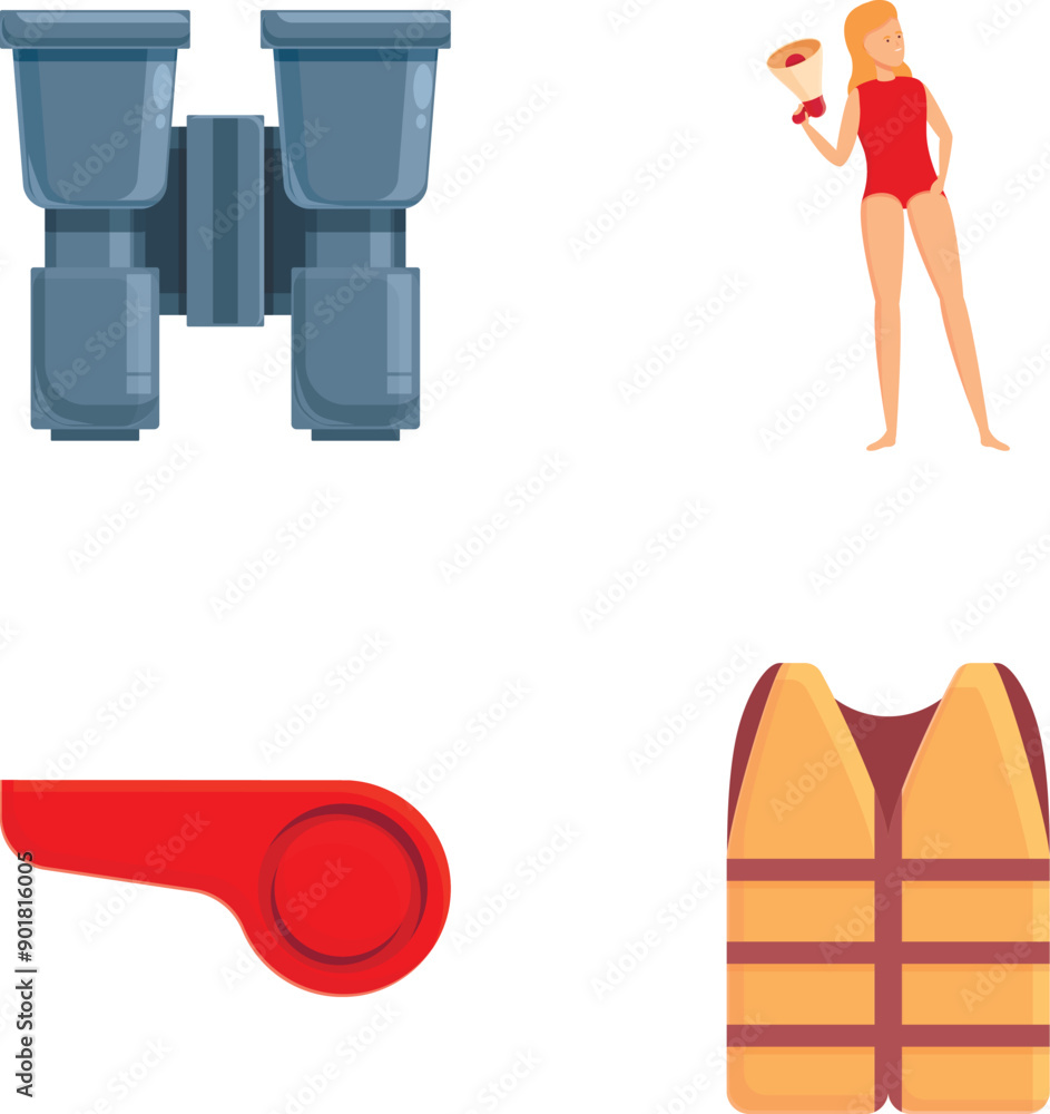 Female lifeguard icons set cartoon vector. Lifeguard woman doing her ...
