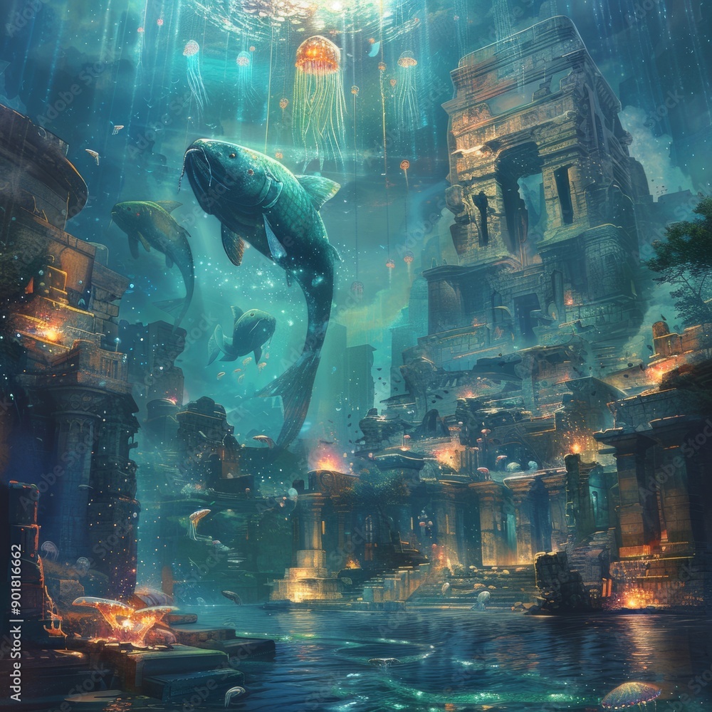 Mystical Catfish in Ancient Underwater Realm - Enchanted Mythology ...