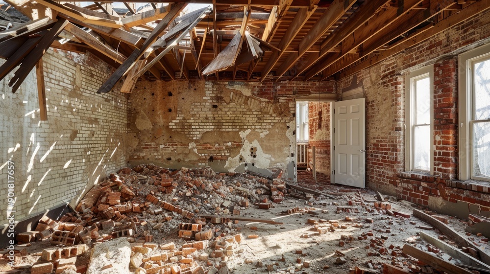 Interior of an Old House Being Demolished Showing Wood Roof Structure ...
