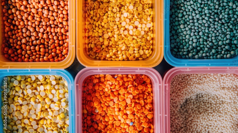 Top view of plastic toy containers filled with lentils for sensory ...