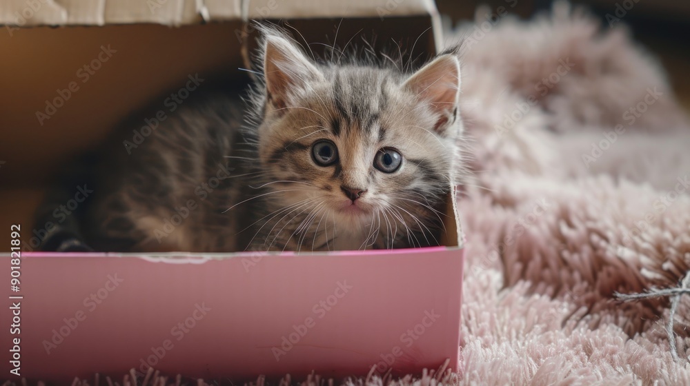 Kitten in a box with fur in a studio for gifting adoption and presents ...